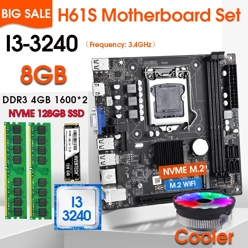 H61S LGA 1155 마더보드 세트, I3 3240 CPU, DDR3 2*4GB = 8GB PC RAM, 1600MHZ, CPU 쿨러 및 128GB M.2 SSD 포함 ...