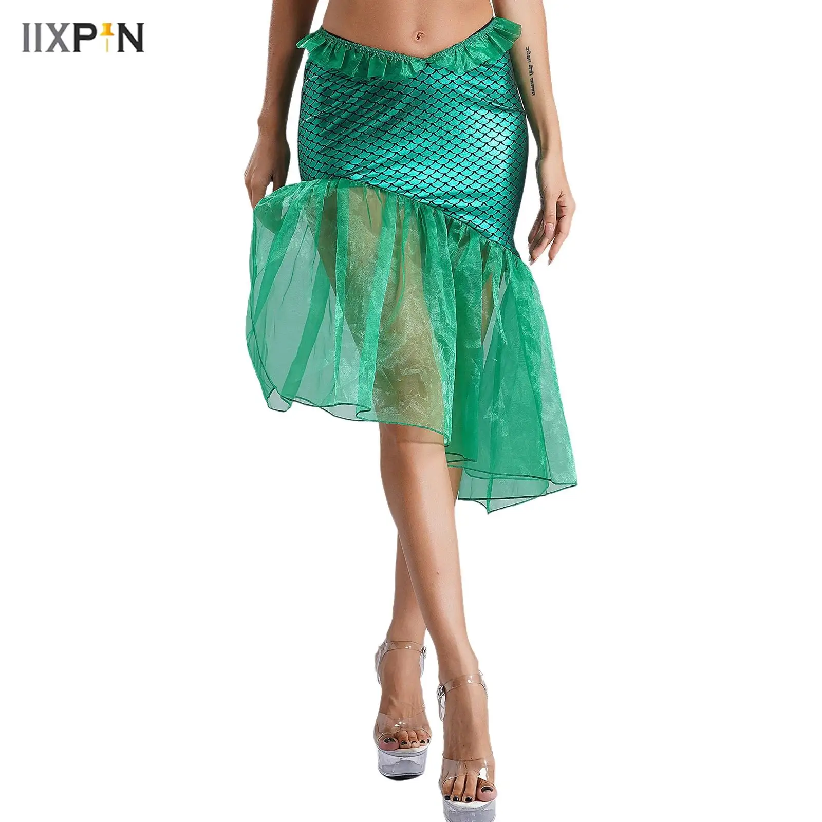 Womens Mermaid Skirt Fish Scale Print Ruffled Trim Tulle Bottom Slant ...
