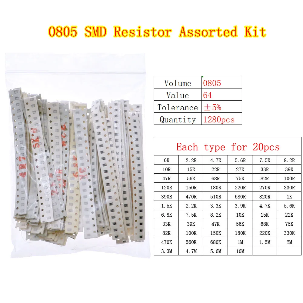 1280pcs/lot 64 Values 0805 SMD Resistor 0ohm-10Mohm Assortment Kit 5% 0 ...