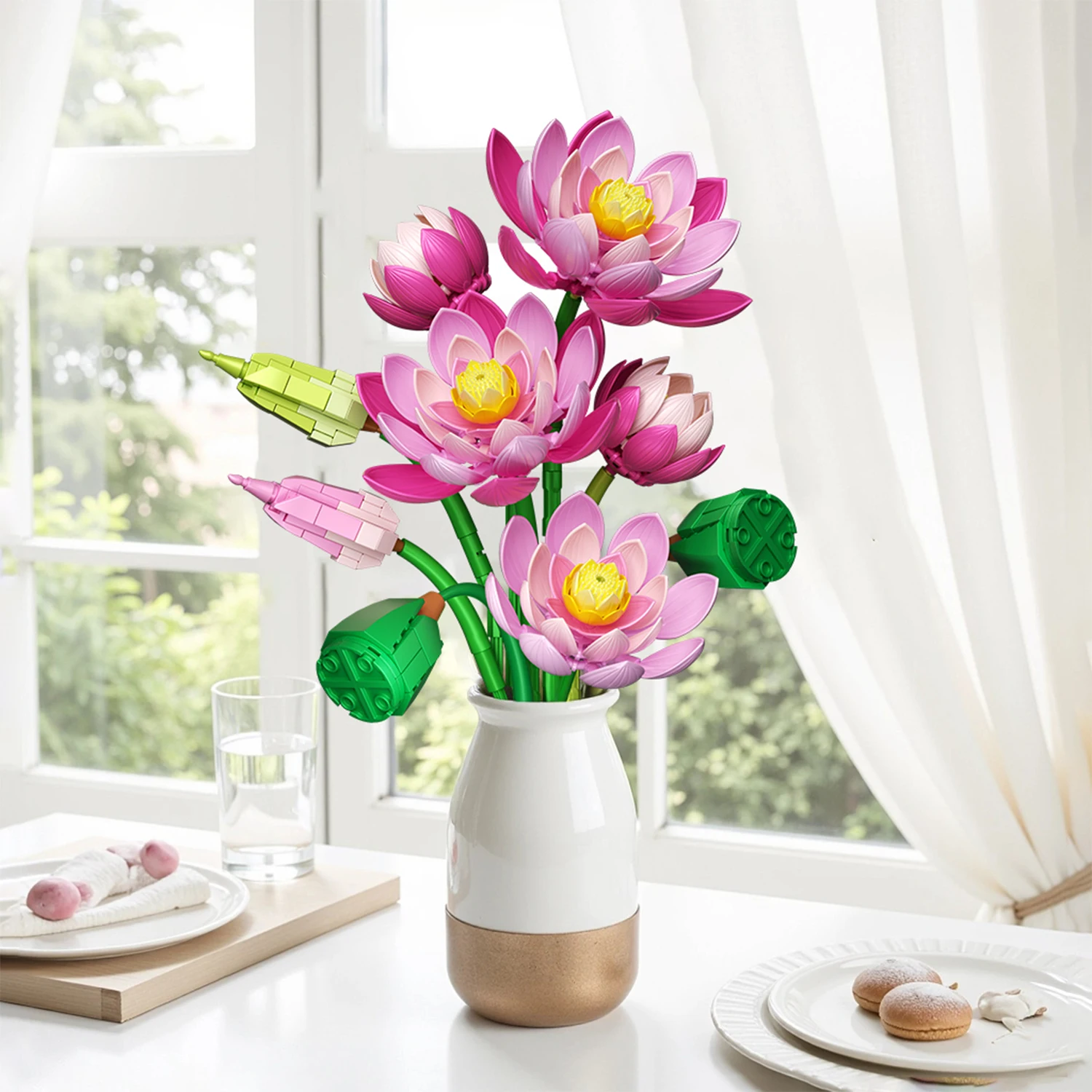 MOC Artificial Lotus Flower With Vase Building Blocks Set Wedding ...