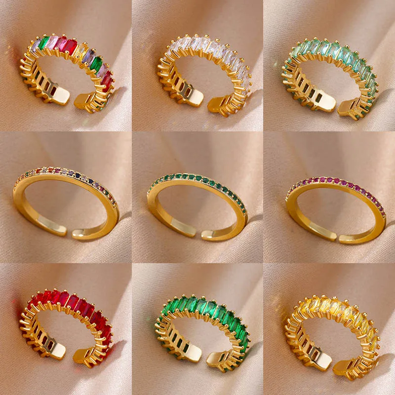 Mini anillos verdes de circón para mujer, acero inoxidable, Color dorado, anillo de dedo ...