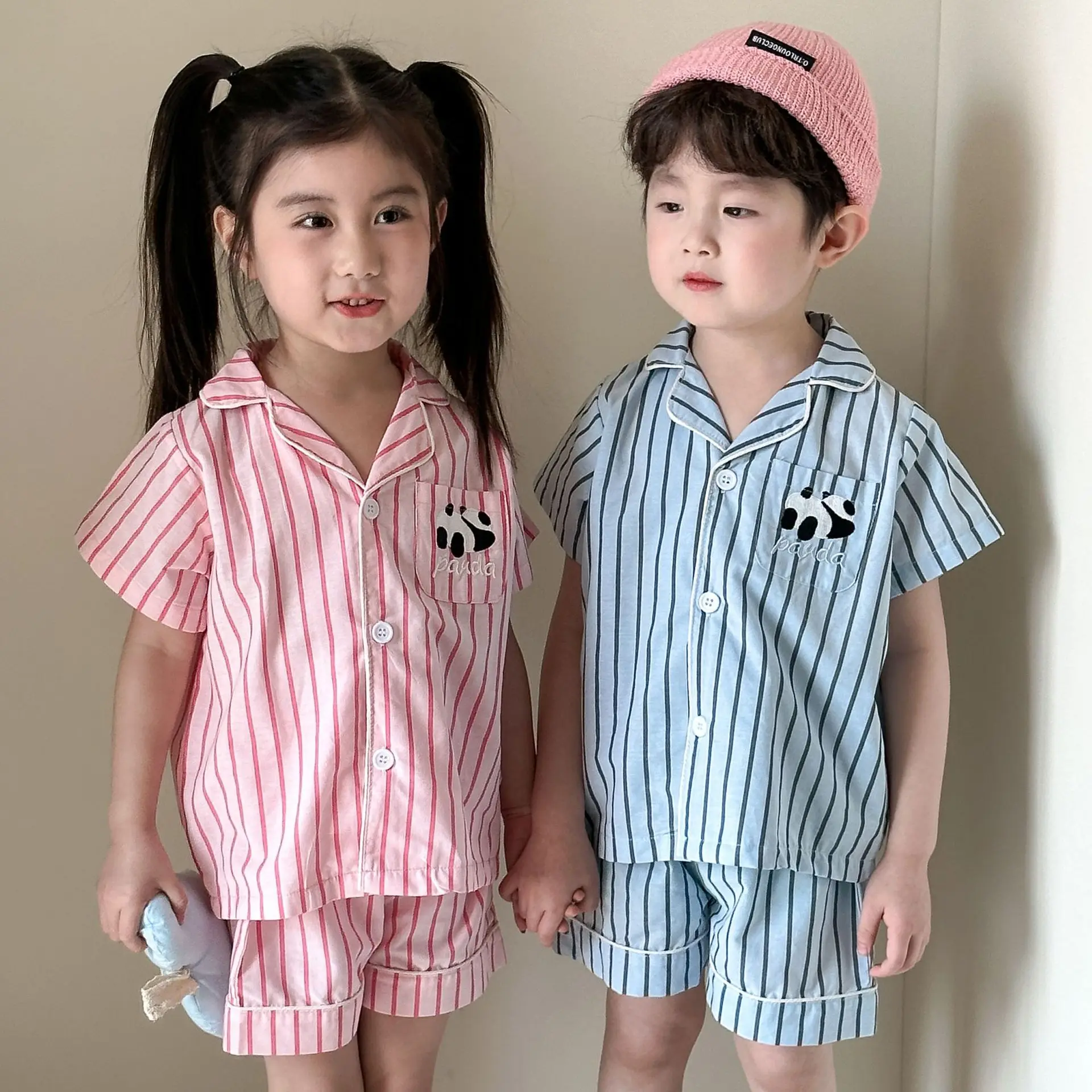 Children's Clothing Sets Panda Embroidery Striped Short Sleeve Top ...