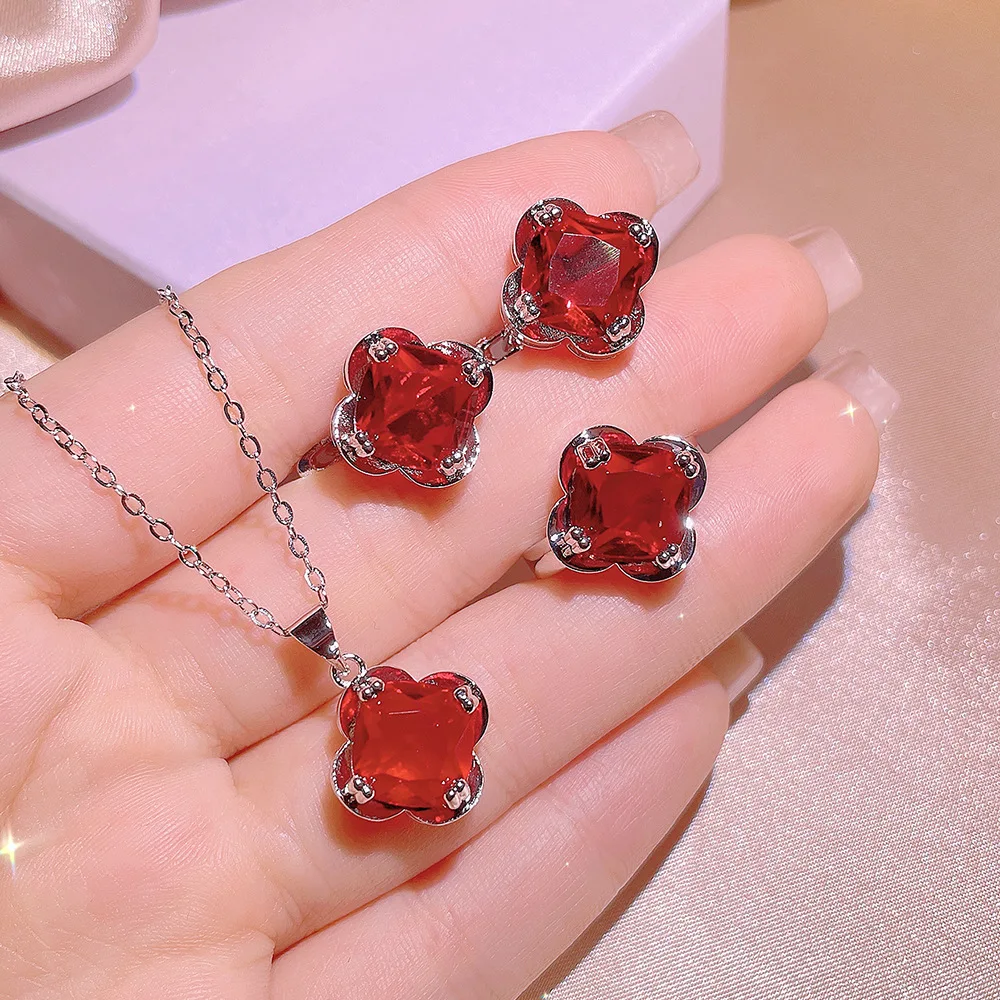 925 Stamps High Quality Pomegranate Ruby Set Three Piece Fashion Simple ...