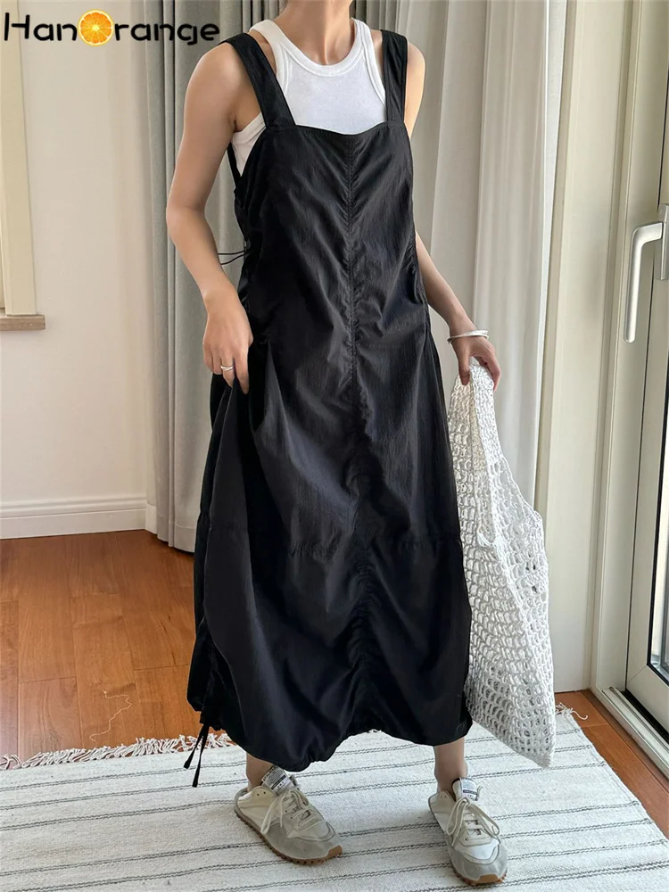 HanOrange 2024 Summer Drawstring Pleated Strap Cargo Dress Comfortable ...
