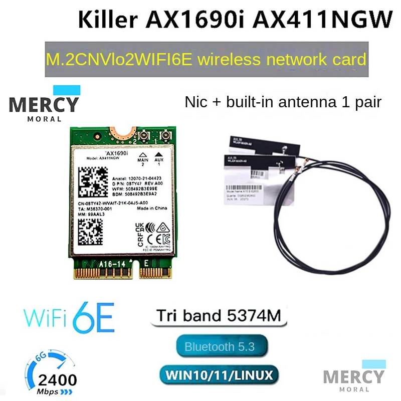AX1690I Wifi Card+2X8DB Antenna AX411 Wi-Fi 6E Speed 2.4 Gbps 802.11Ax ...