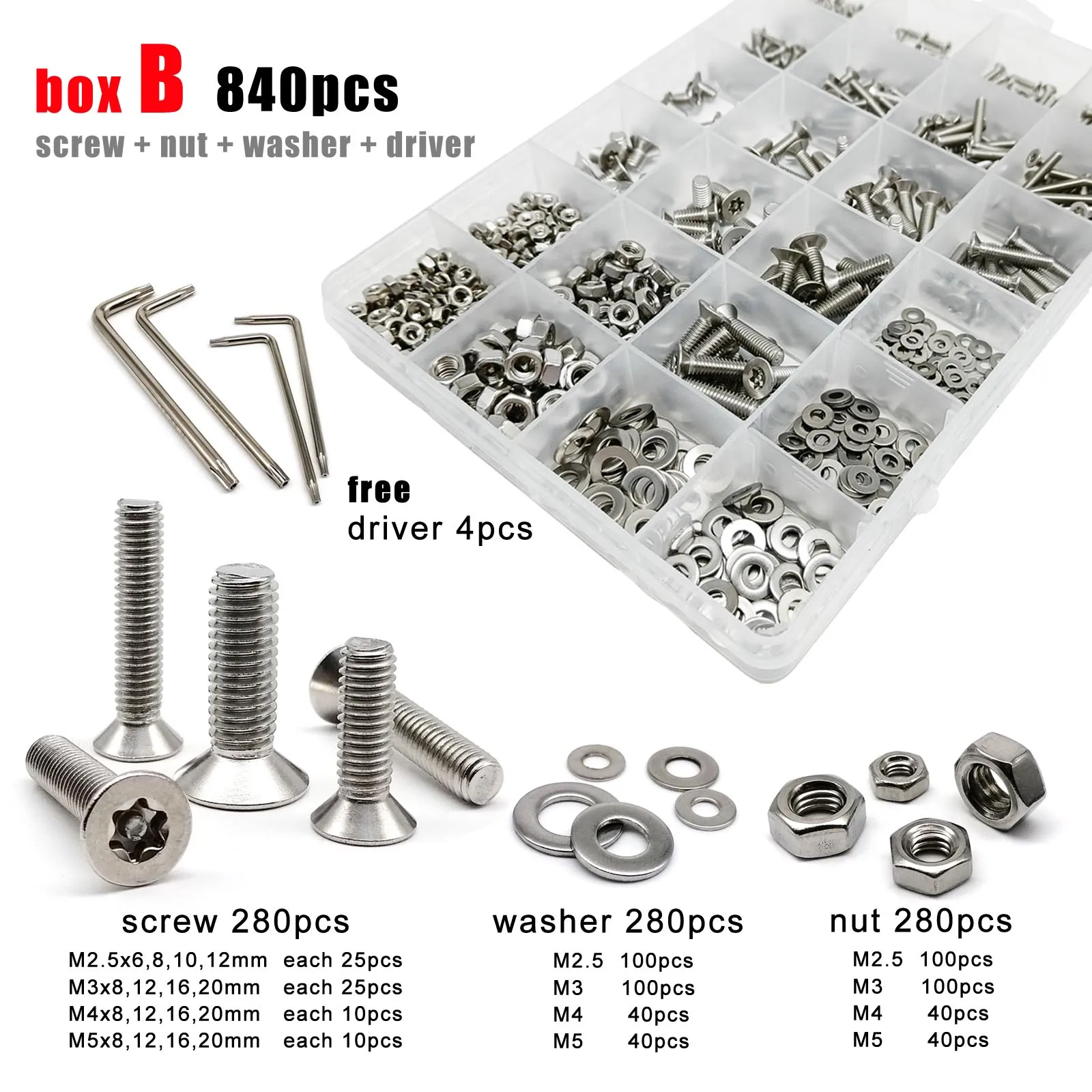 270-840pcs-M2-5-M3-M4-M5-304-Stainless-Steel-Torx-Flat-Countersunk-Head ...