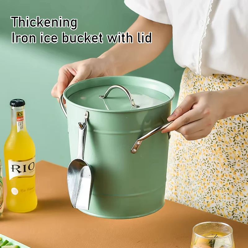Galvanized Iron Art Thickened Ice Bucket with Lid Portable Circular for ...