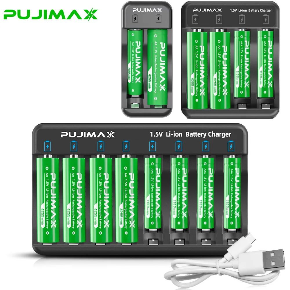PUJIMAX AA/AAA 1.5V Li-ion Rechargeable Battery Charger 4255mWh/1100mWh ...