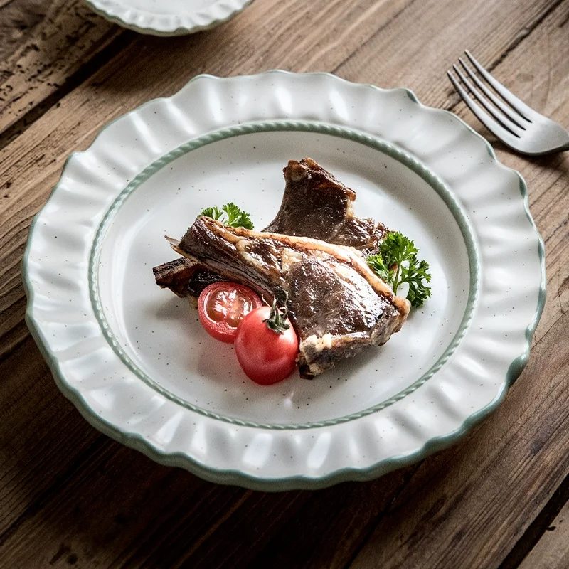 Round-Ceramic-Dish-Serving-Plate-Cute-and-Fresh-Green-Edge-Kitchen ...