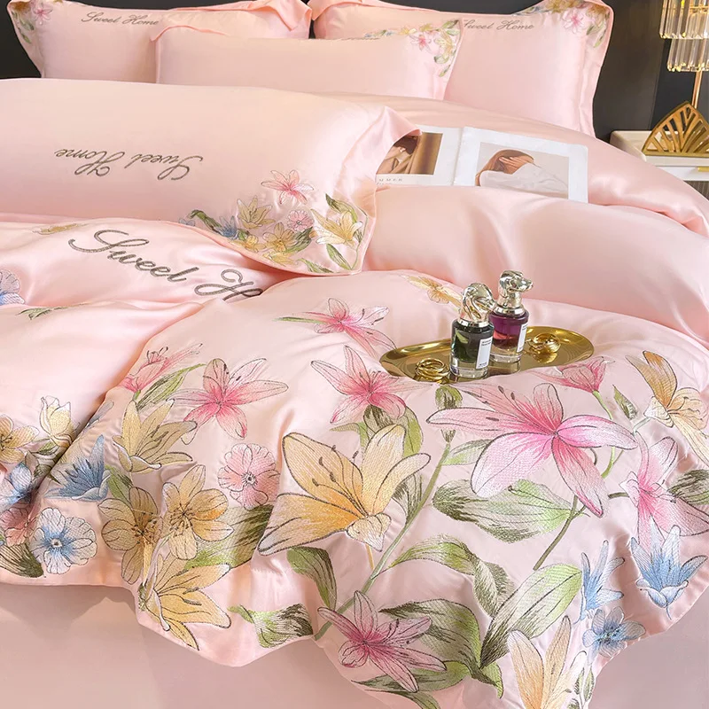 Summer-Bedding-Set-Luxury-Monet-Garden-Flower-Embroidery-Washed-Silk ...