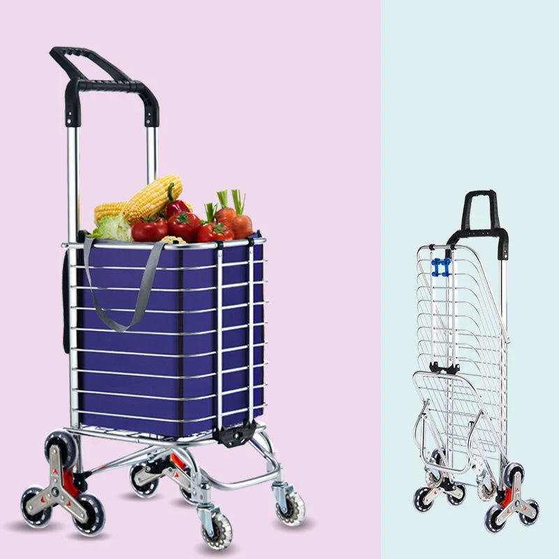 Grocery Cart Folding Portable Shopping Aluminum Alloy Lightweight Step Climbing Trolley with ...