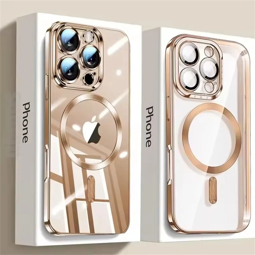 Luxury Plating Clear Magnetic Case For iPhone 17 16 15 12 13 14 Pro Max ...