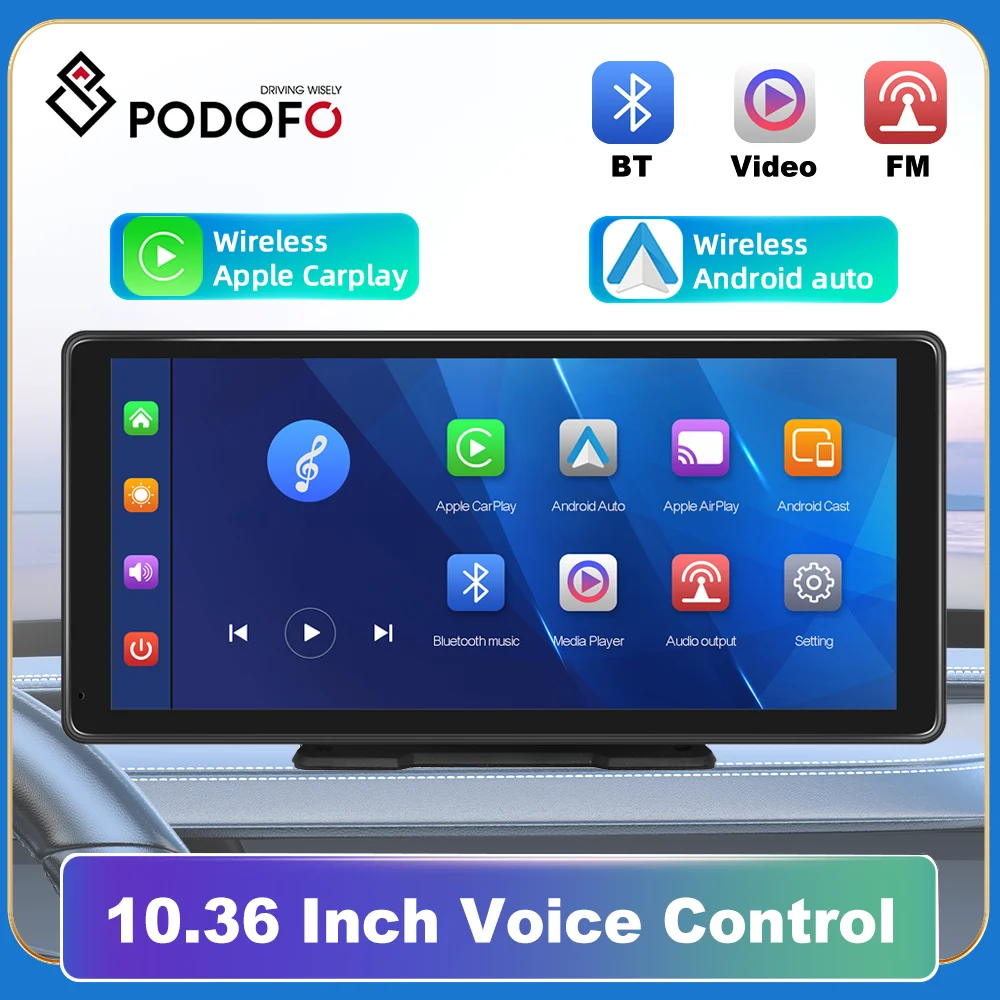 Podofo 10.36" 2k Carplay Monitor Android Auto Car Dvr Wifi Gps Airplay ...