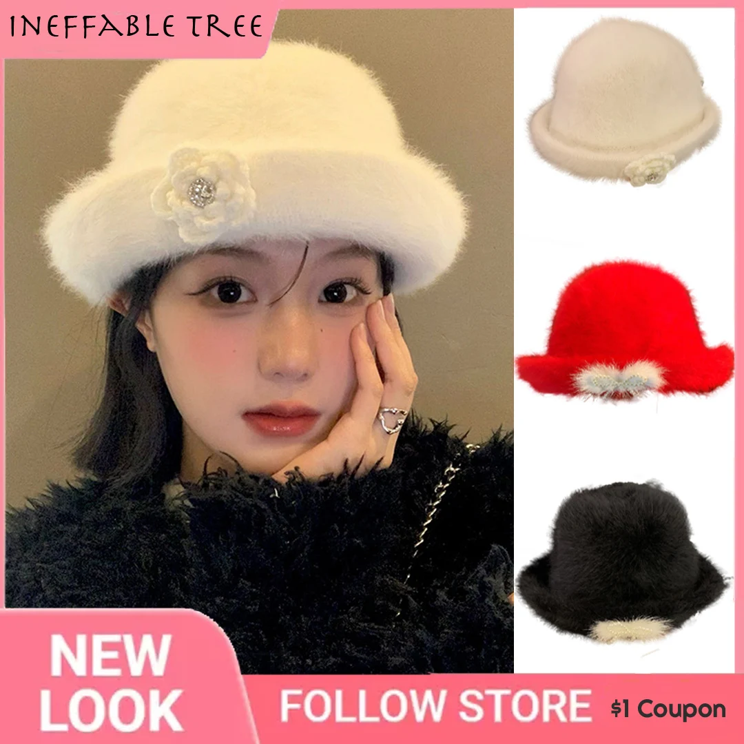 Korea Blogger Rabbit Fur Flower Fisherman Hats for Women Autumn Winter ...