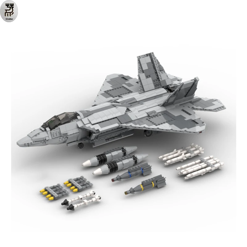 MOC F-22 RAPTOR 1:34 Figure Scale Airplane With Weapon Bag Building ...
