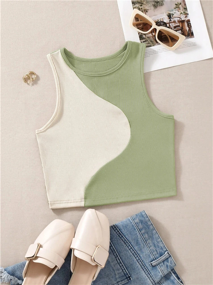 Women's Cute Preppy Style Patchwork Tank Top Summer Crewneck Sleeveless ...
