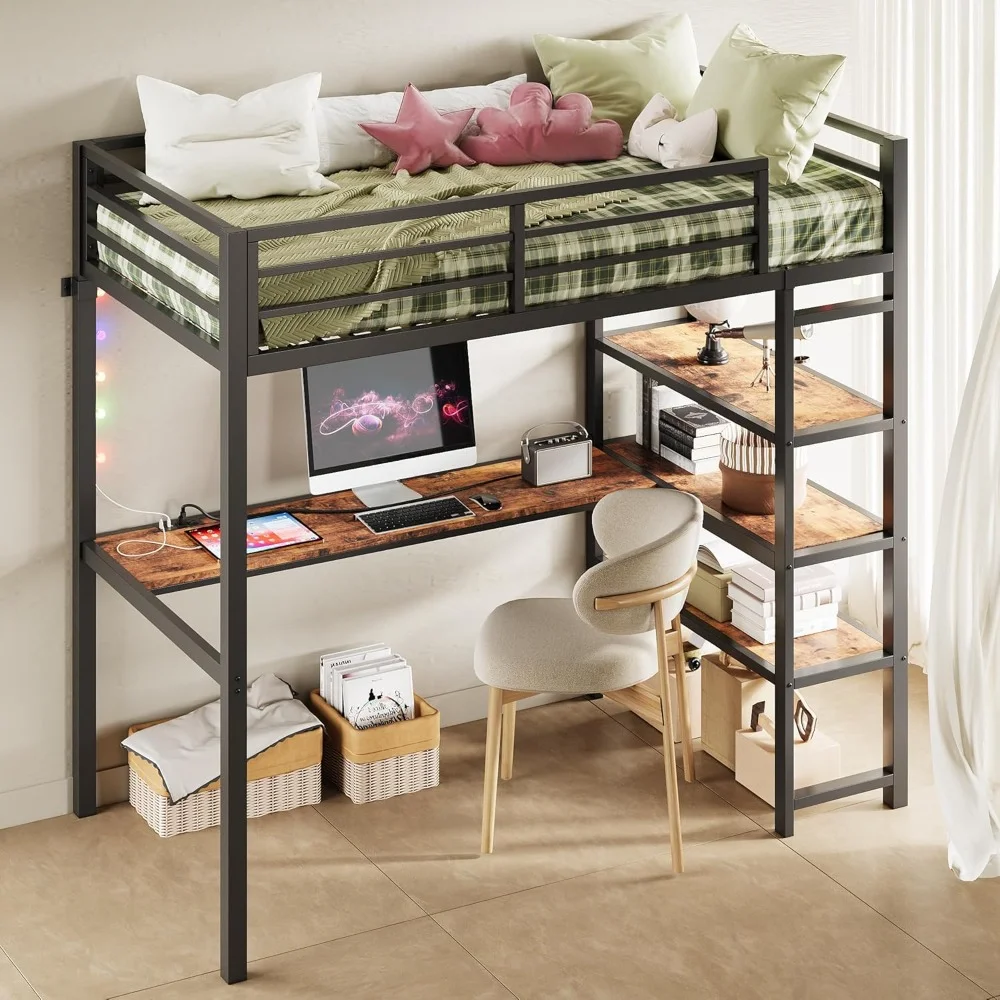 Loft-Bed-Twin-Size-with-L-Shaped-Desk-and-Shelves-Heavy-Duty-Metal-Loft ...
