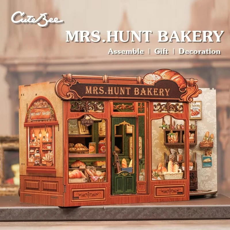 CUTEBEE 나무 책꽂이 인형의 집 키트 미니어처 인형의 집 키트 MRS HUNT BAKERY를 위한 LED 조명이 있는 ...