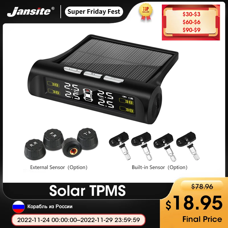 Jansite Smart Car Tpms Tyre Pressure Monitoring System Solar Power Digital Lcd Display Auto ...