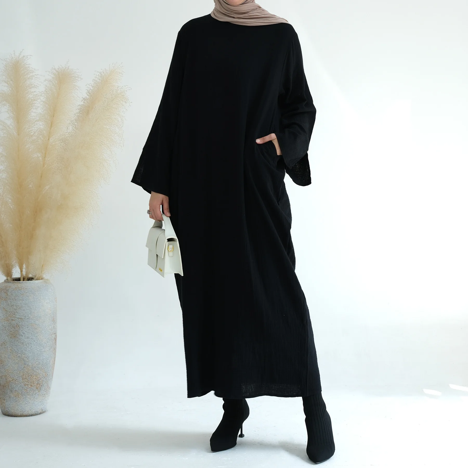 Full-Sleeve-Turkish-Modesty-Abaya-Long-Dress-O-Neck-100-Cotton-Women ...