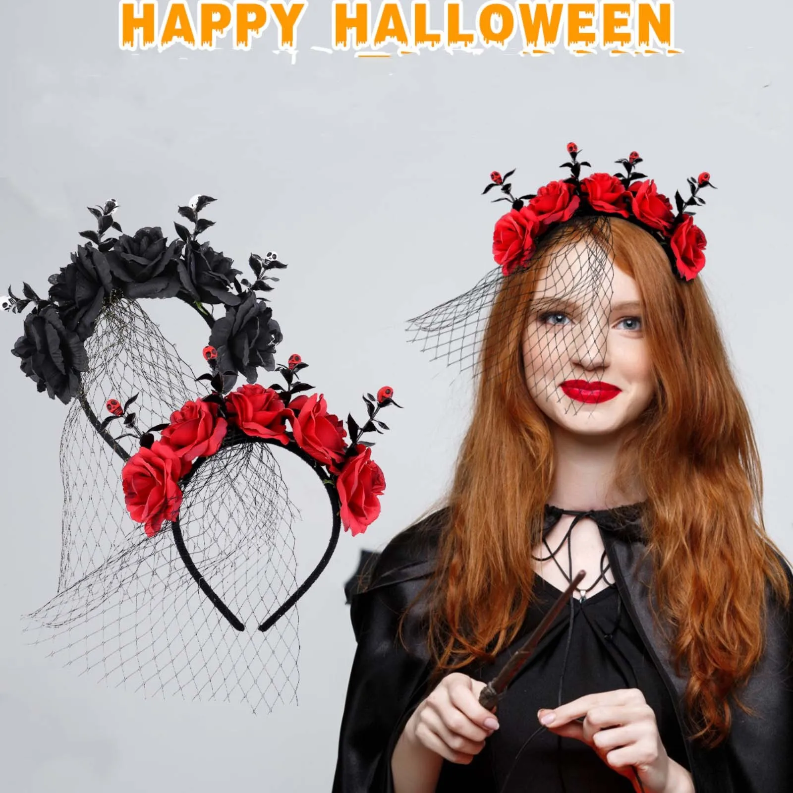 Halloween Flower Lace Veil Headband Day Of The Dead Crown Cosplay Hair ...