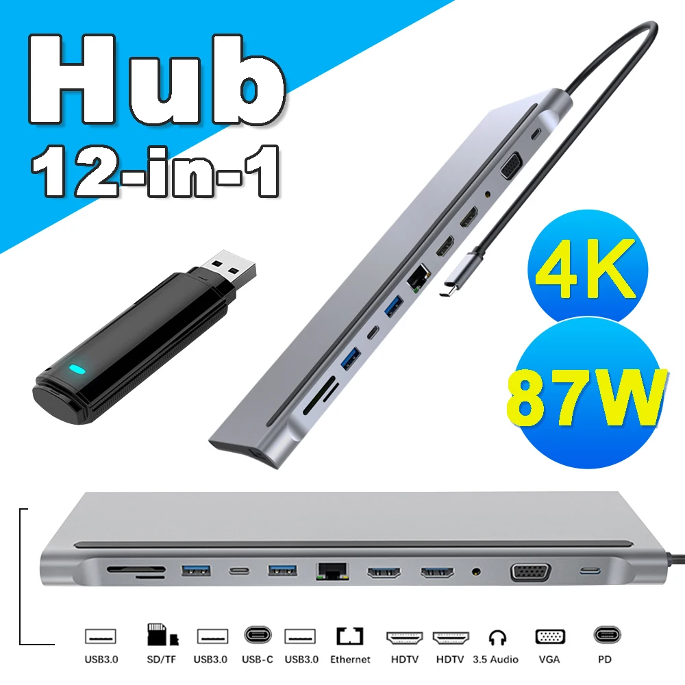 USB C Hub 12 in 1 Type-C USB 3.1 to Dual HDMI-compatible 4K RJ45 VGA ...