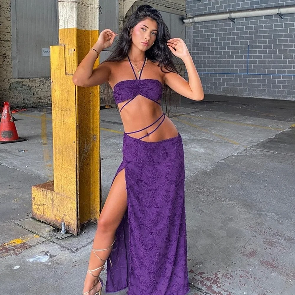 Summer Sexy Tassel Backless Two Piece Sets Women Bandage Strap Tops