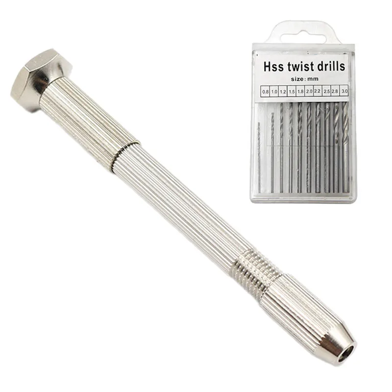Single Head Hand Twisted Drill Handle with 10Pcs 0.8mm-3.0mm Drill Bits ...