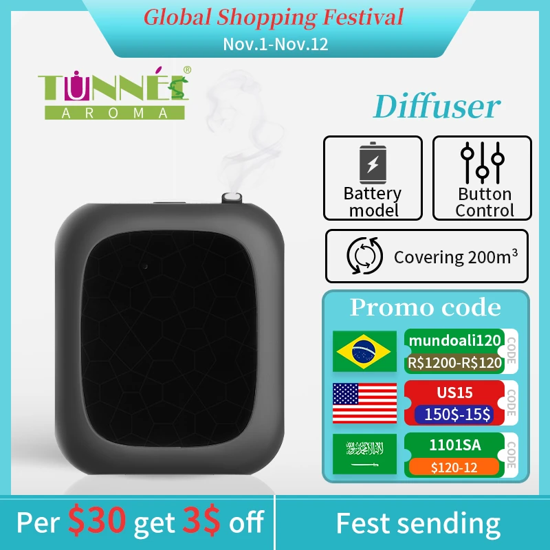 AROMA TUNNEL Fragrance Diffuser Coverage 200m³ Essential Oils Diffuser Use Battery Air Freshener ...