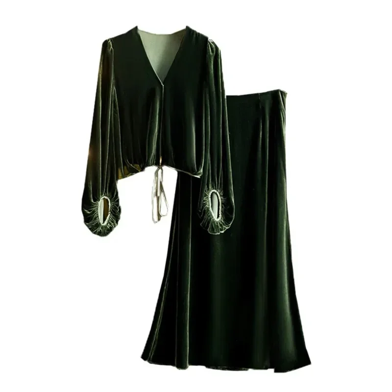 Womens Green Velvet Sets Autumn Temperament V-neck Silk Tops Casual ...