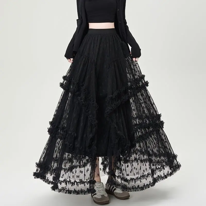 Vintage Gothic Black Skirts Women Fairycore Grunge Lace Patchwork ...