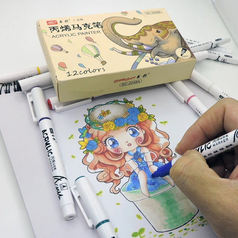 12 Colors Waterborne Acrylic Markers Felt Pen Manga Sketching Drawing ...