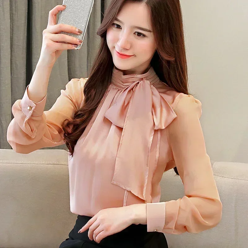 New Summer Fashion Tunic Women Blouse 2024 Long Sleeve Woman Tops Tie ...