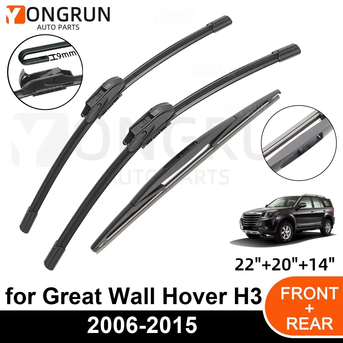 3PCS Car Wiper for Great Wall Hover H3 2006-2015 Front Rear Windshield ...