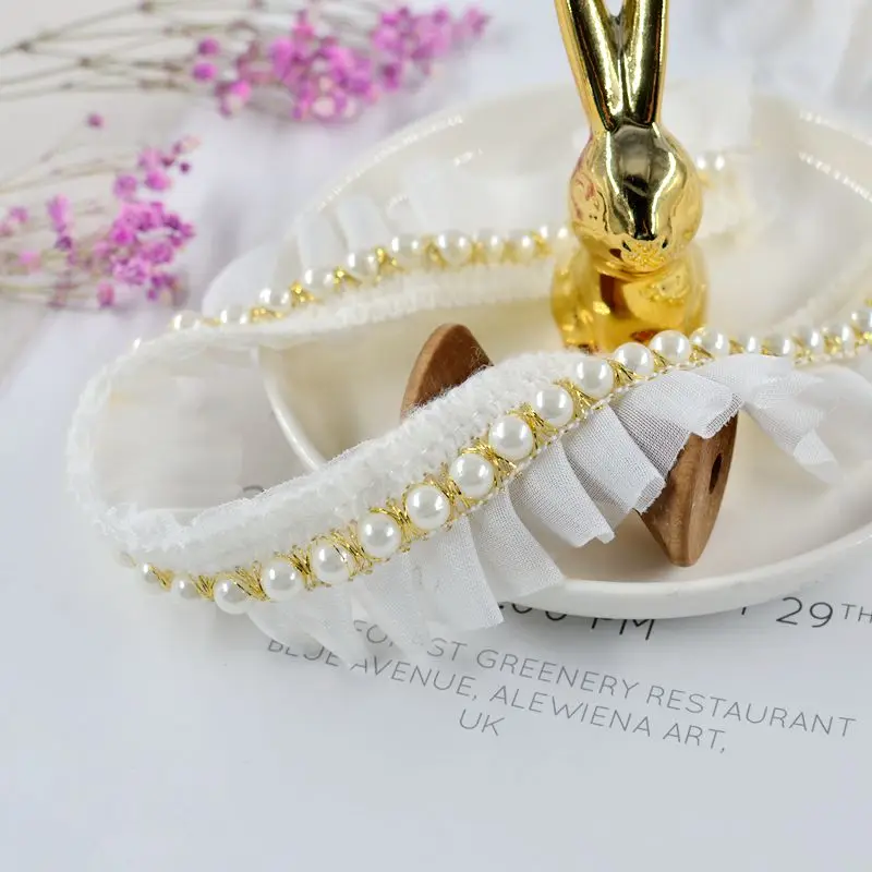 3CM Wide Golden White Beaded Ruffle Lace Ribbon for Party Wedding Dress ...