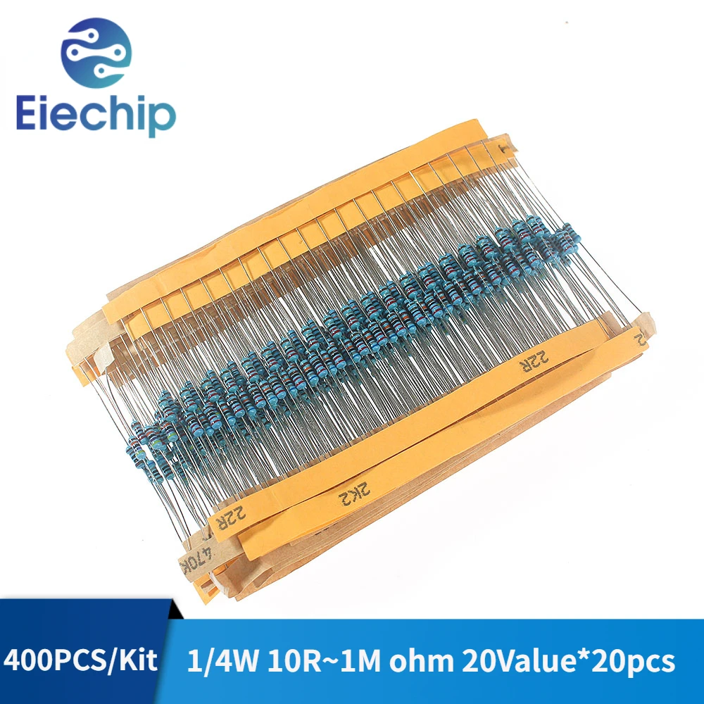400PCS-1-4W-Metal-Film-Resistor-Kit-10R-1M-ohm-20Value-20pcs-0-25W ...