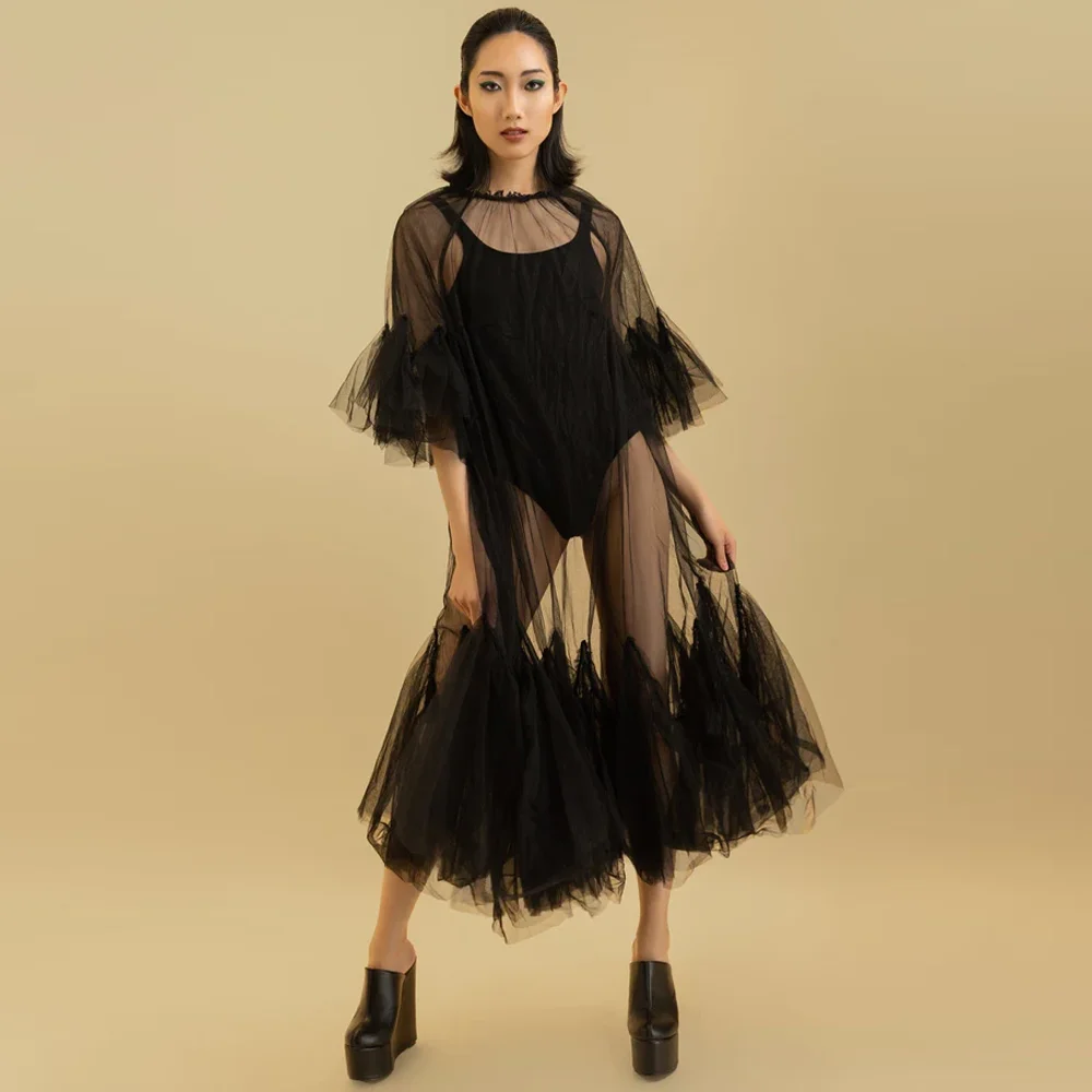 Fashion-Sheer-Tulle-Dress-Short-Sleeves-Ruffled-Mesh-Tea-Length-Overlay ...
