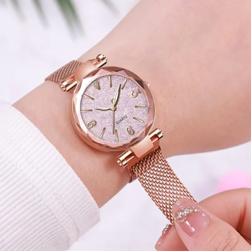 Fashion-Women-Watches-Simple-Rose-Gold-Mesh-Belt-Magnetic-Quartz-Wrist ...