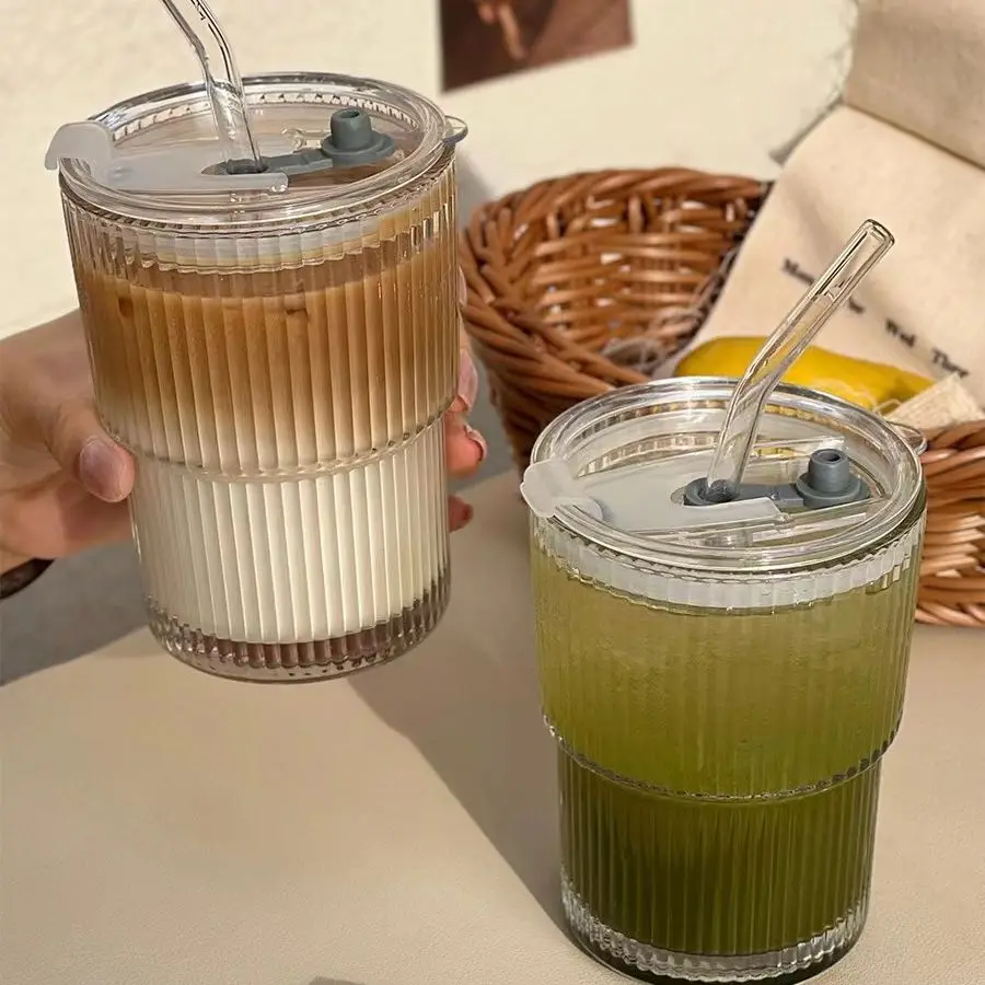 400ML-Stripe-Glass-Cup-Straw-Coffee-Mug-Transparent-Drinking-Milk-Water ...
