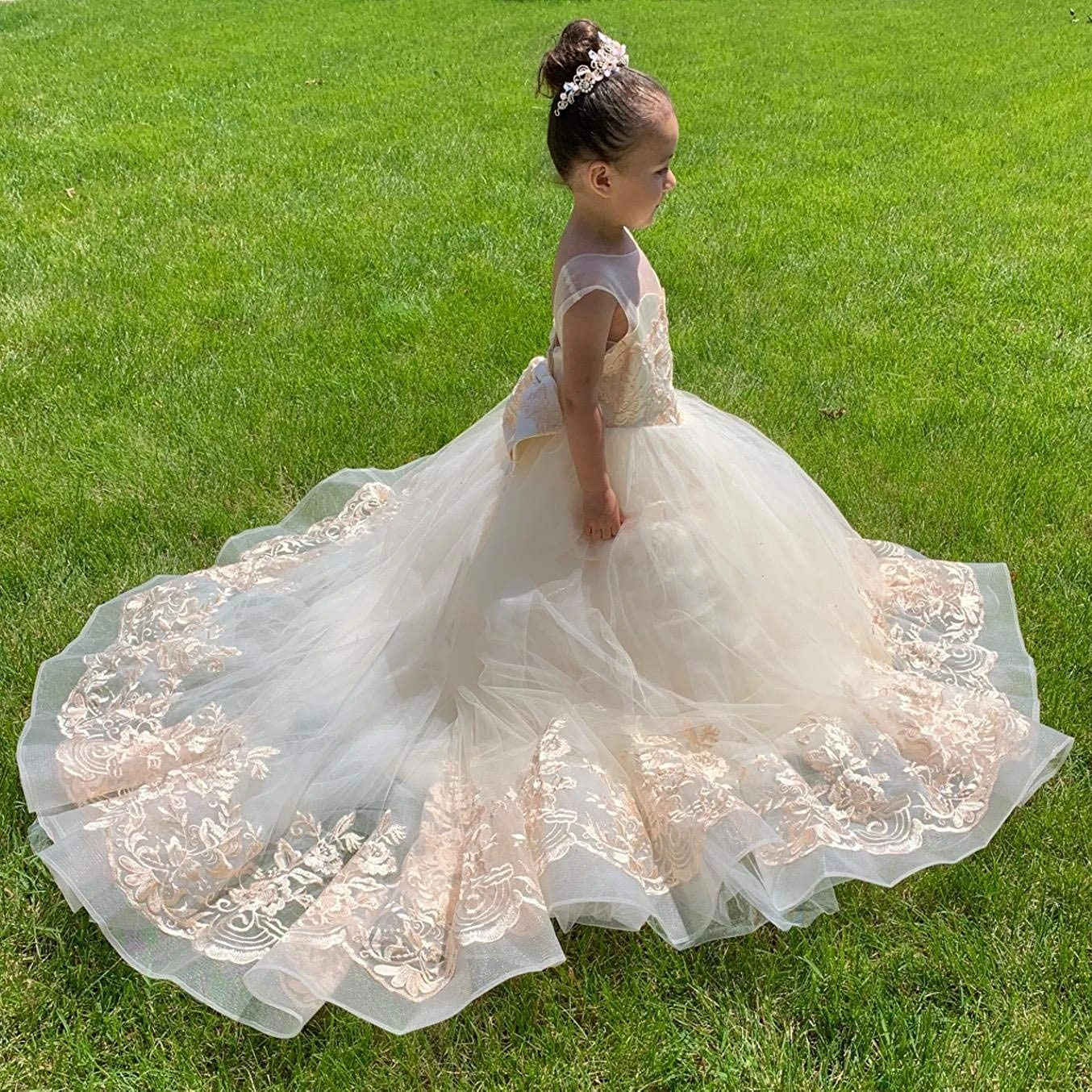Kids Champagne Lace Flower Girl Dresses Sheer Neck Puffy Ball Gown For ...