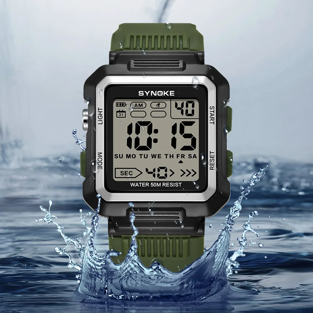 Digital-Watches-for-Men-Green-Military-Waterproof-Wristwatch-Led-Alarm ...