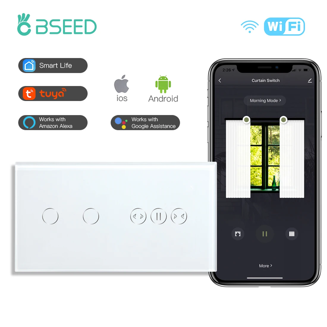 BSEED Curtain Wifi Switch Wireless Smart Switches 1/2Gang 1/2/3Way ...