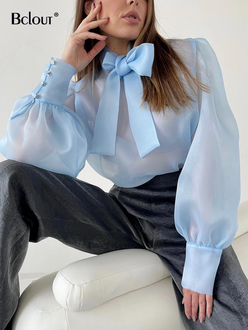 Bclout-Elegant-Soild-Mesh-Tops-Women-2024-Vintage-Puff-Sleeve-Lace-Up ...