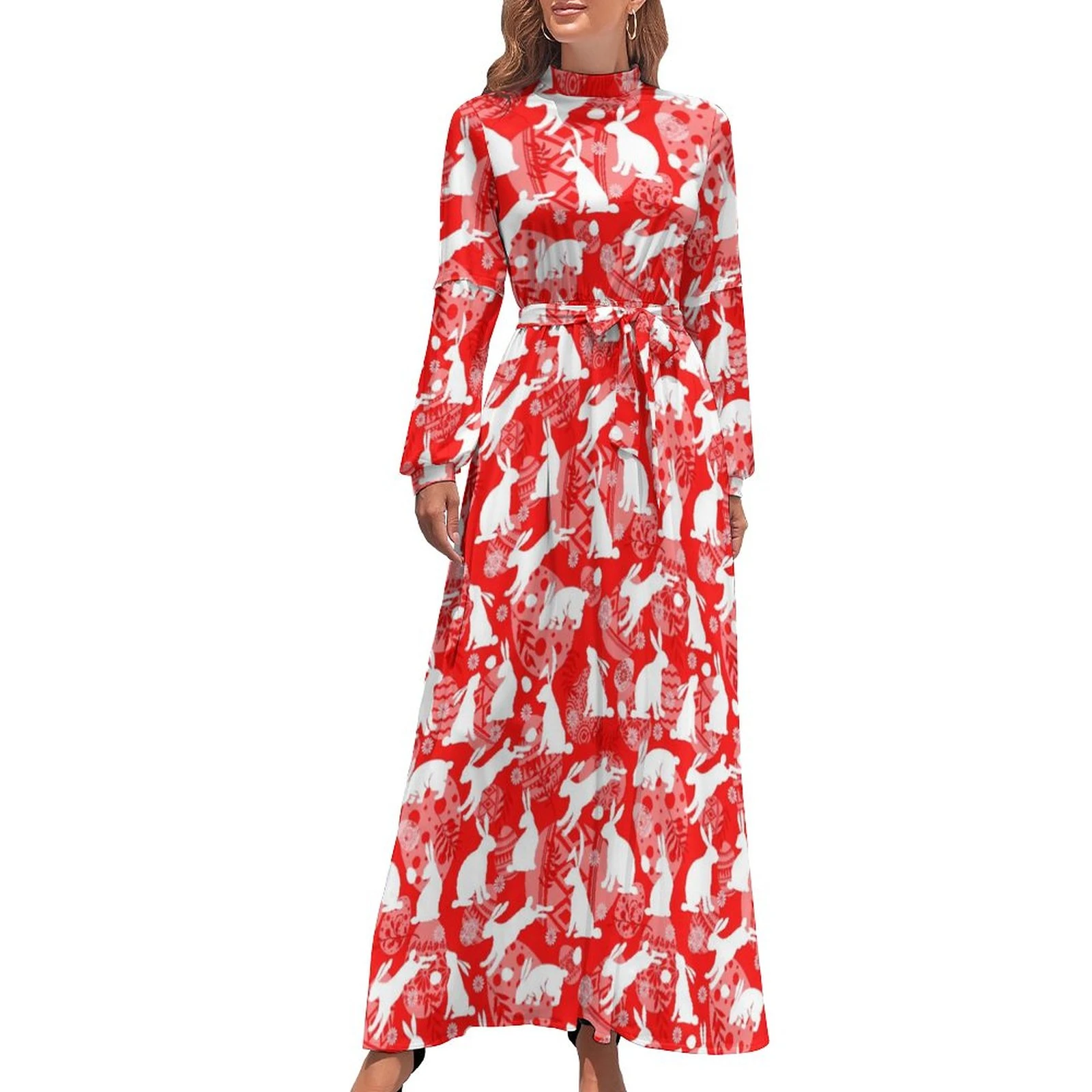 Easter Day Dress Long Sleeve Rabbit Silhouettes Vintage Maxi Dress High ...