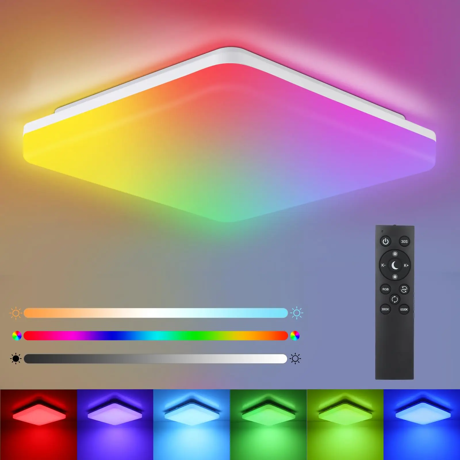 RGB LED Ceiling Light 24W 2400LM, Dimmable Ceiling Light with Remote ...