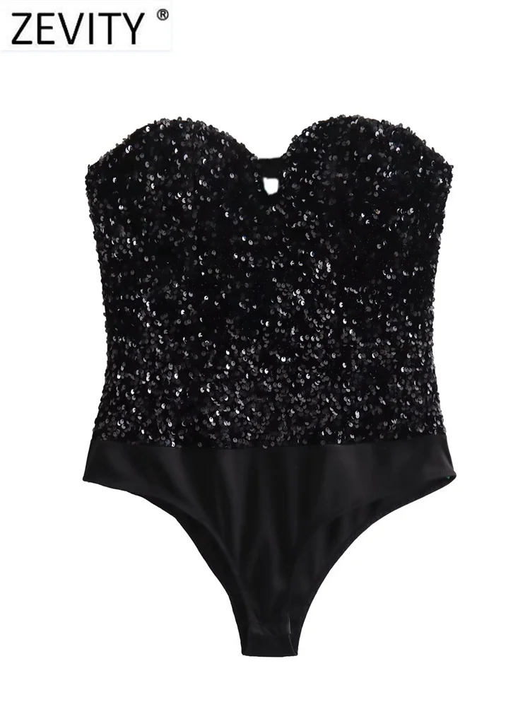 Zevity New 2023 Women Sexy Strapless Black Sequined Slim Bodysuits ...