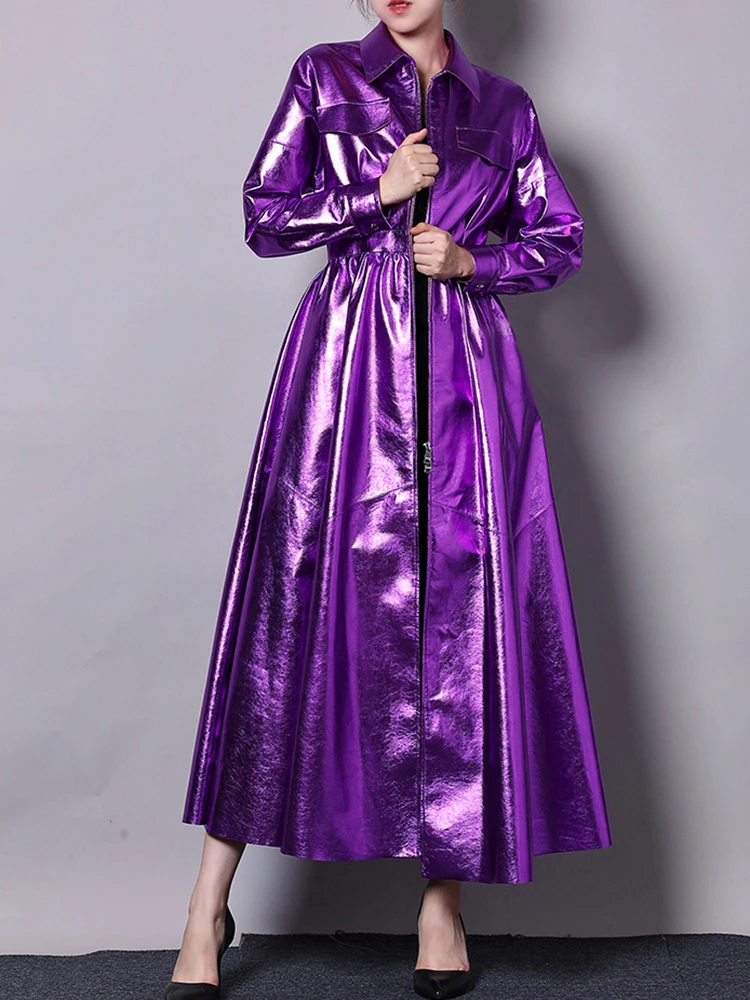 Lautaro Autumn Long Shiny Reflective Patent Pu Leather Trench Coat for ...