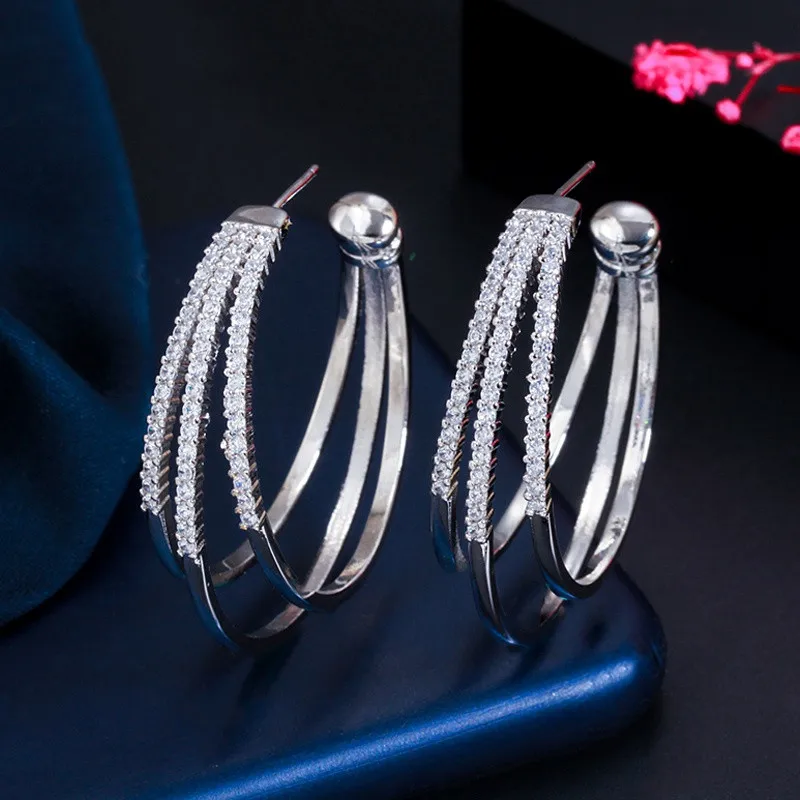 Simple Triple Open Circle Earing Earrings for Women Silver Plated Cubic ...