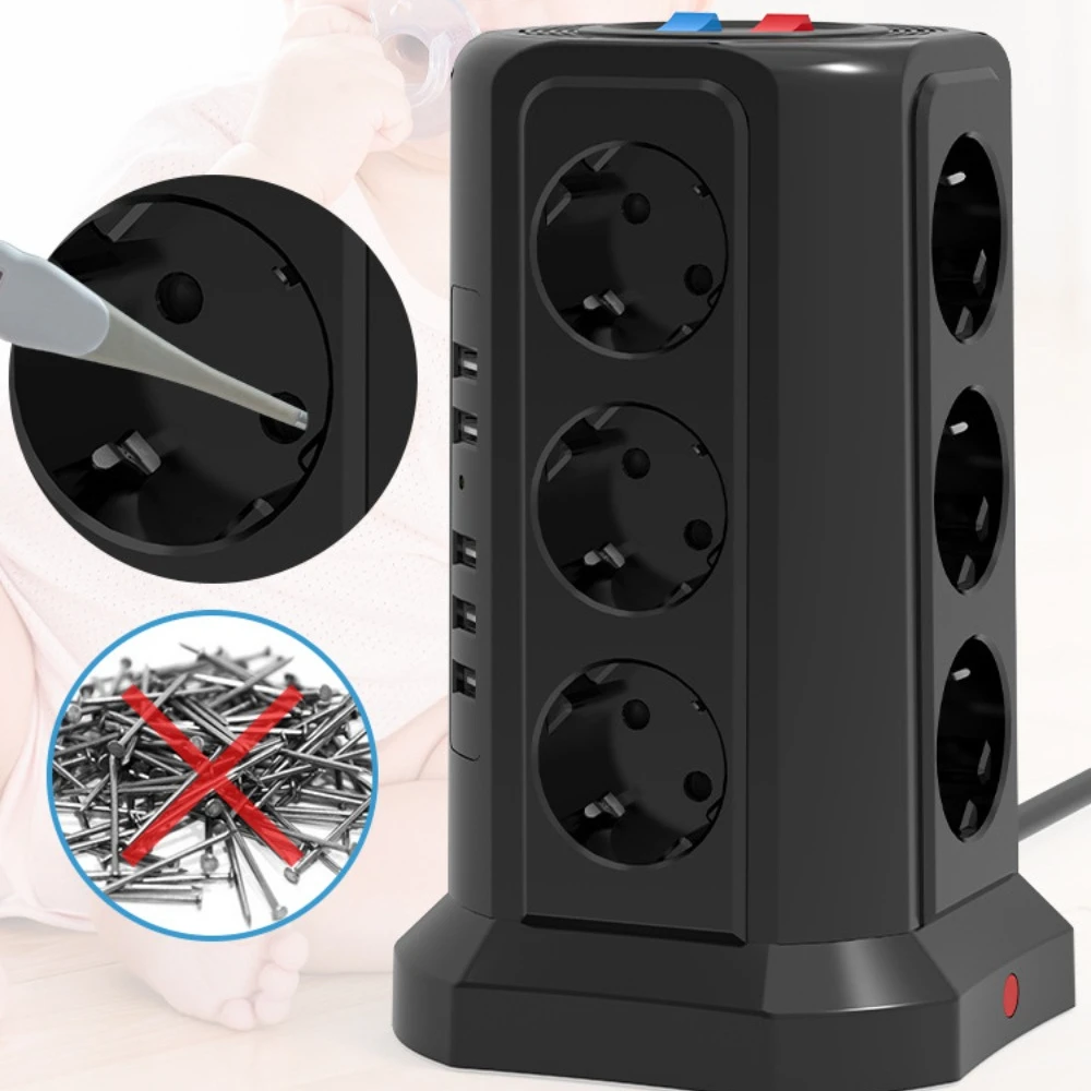 Tower Multi Power Strip Vertical EU Plug 12 Way Outlets Sockets with ...