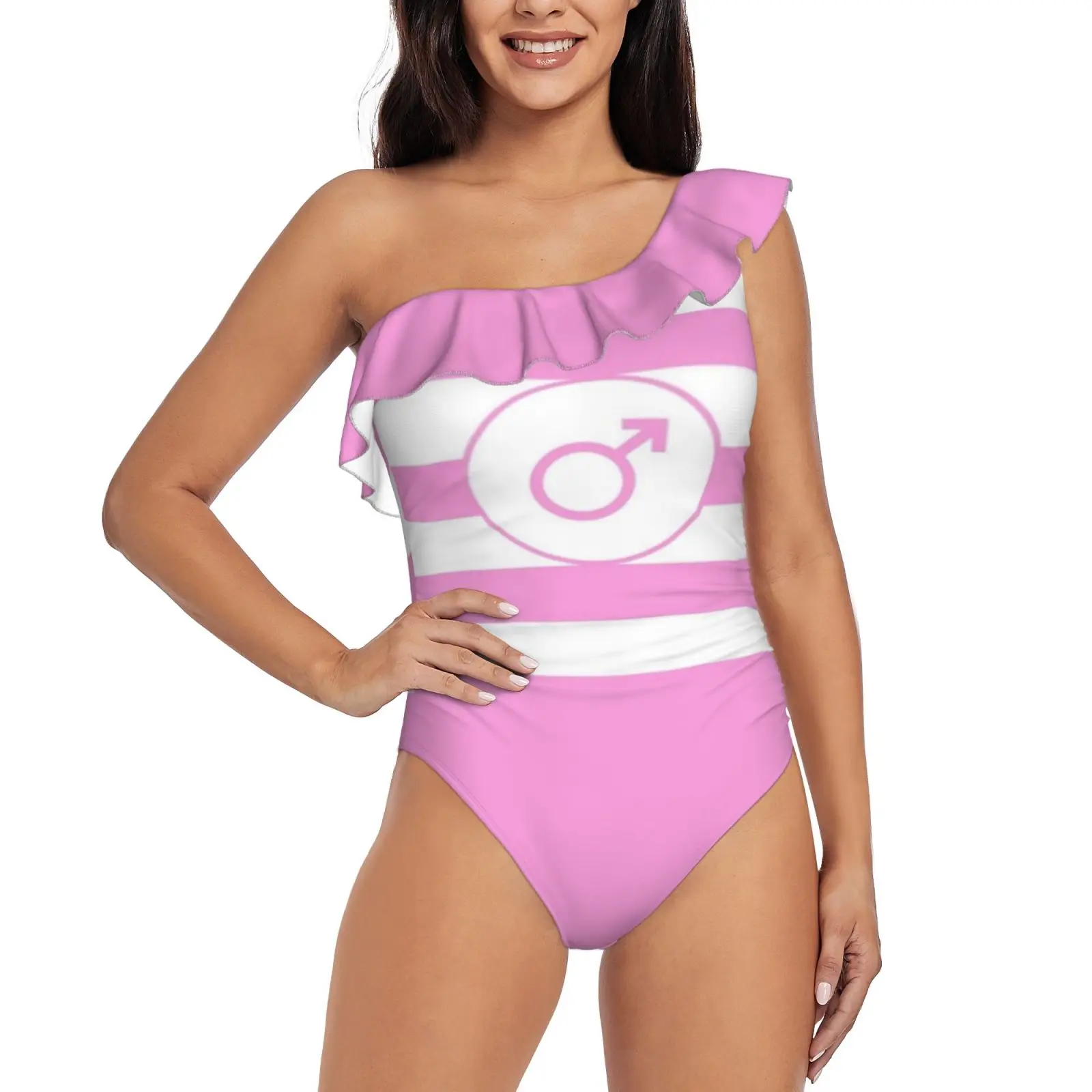 Sissy Pride Flag One Piece Swimsuit Women Ruffle Monokini Shoulder